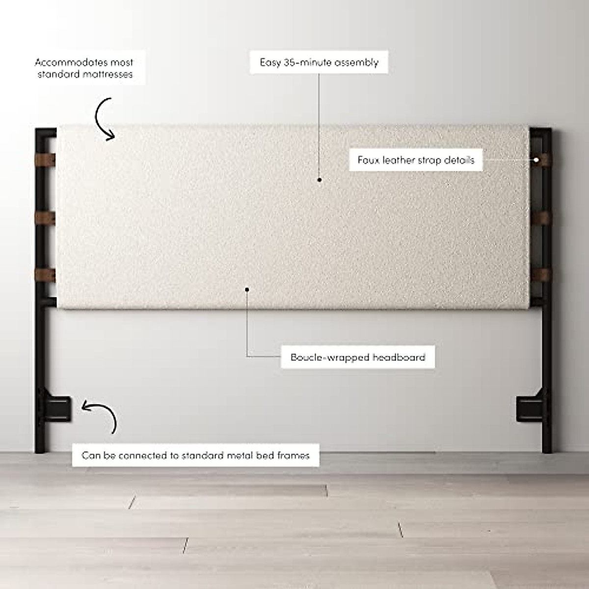 Nathan James Aspen Metal Boucle Fabric Wrapped Headboard, King, White/Gunmetal