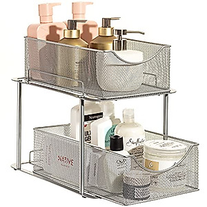Sorbus 2 Tier Under The Sink Organizer Baskets with Mesh Sliding Drawers —Ideal for Cabinet, Countertop, Pantry, and Desktop, for Bathroom, Kitchen, Office, etc.—Made of Steel (Silver)