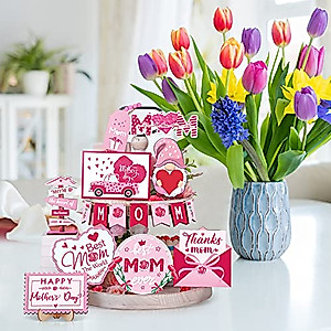 16 Pcs Mother's Day Heart Tiered Tray Decor Happy Mother's Day Wooden Sign Gnome Truck Mom Letters Wooden Decor Mothers Day Table Decorations for Mother's Gift Party Supplies (Heart Style)