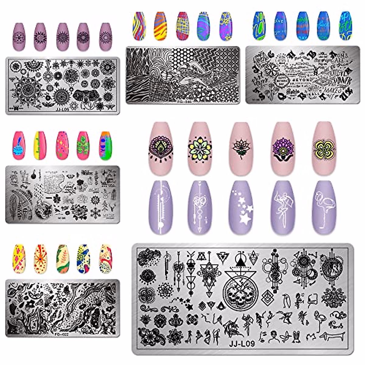 AddFavor 6pcs Nail Art Stamper Kit Flower Leaf Butterfly Geometry Nail Stamping Plates Template Stencils with 2 Stamp and 2 Scraper for Home Salon Manicure Design Tools