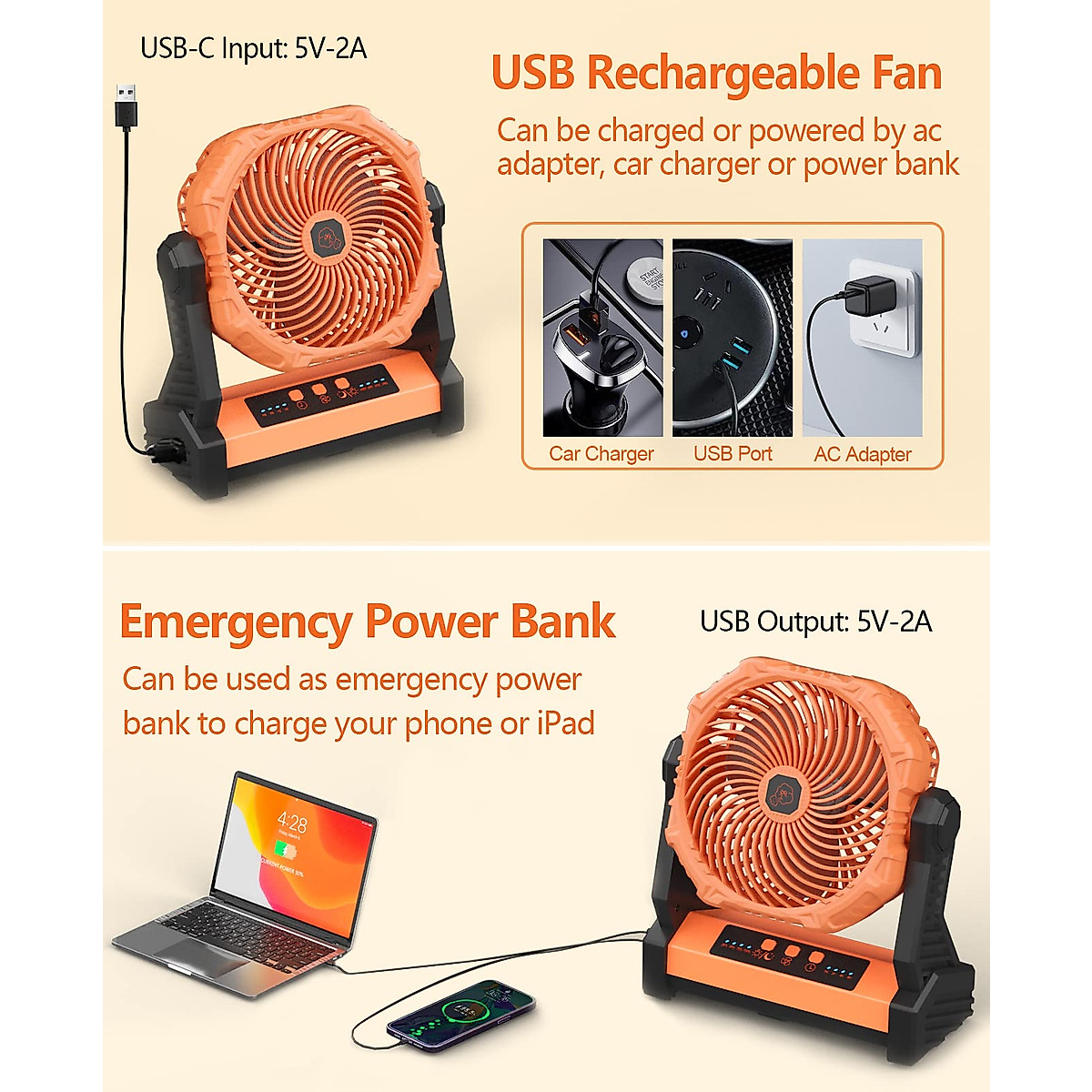 Portable Camping Fan Rechargeable, 10000mAh Battery Operated Fan with LED Lights & Hook, 8'' Battery Powered Desk Fan for Home Bedroom, 3 Speed Tent Fan for Camping, Barbecue, Fishing, Outdoor, Travel