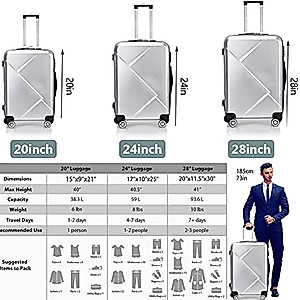 Tiktun Luggage, PC+ABS Hardshell Lightweight Durable Spinner Wheels Suitcase, Silver, 3-Piece Set (20"/24"/28")