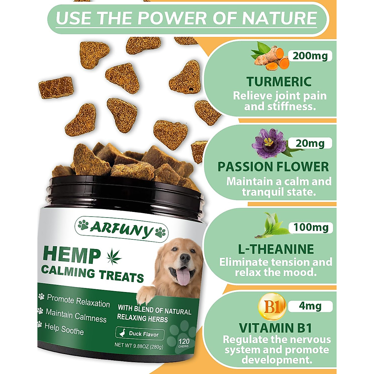 Hemp Calming Chews for Dogs Anxiety, Duck Flavored Calming Chews for Dogs 120 Chews Dog Calming Treats Natural Ingredients Calming Treats for Dogs Aid for Separation Barking Thunderstorms Travelling