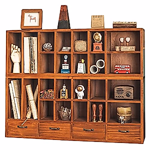 Wood Cabinet Floating Shelves (Set of 2) - Includes 1 Cubby Shelf w/ 12 Slots & 4 Drawers and 1 Wide Wooden Shelf - Stackable Farmhouse Decor Walnut Wood Cabinet - Total of 26 Compartments