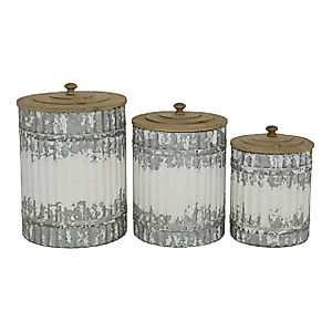 Deco 79 Metal Living Room Decorative Jars Distressed Decorative Container with Wood Lids, Set of 3 Jar with Lid 12", 10", 8"H, White