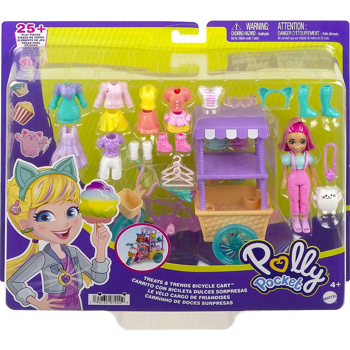 Polly Pocket Playset with 3-inch Doll, 25+ Food and Clothing Accessories, Treats & Trends Bicycle Cart Fashion Pack