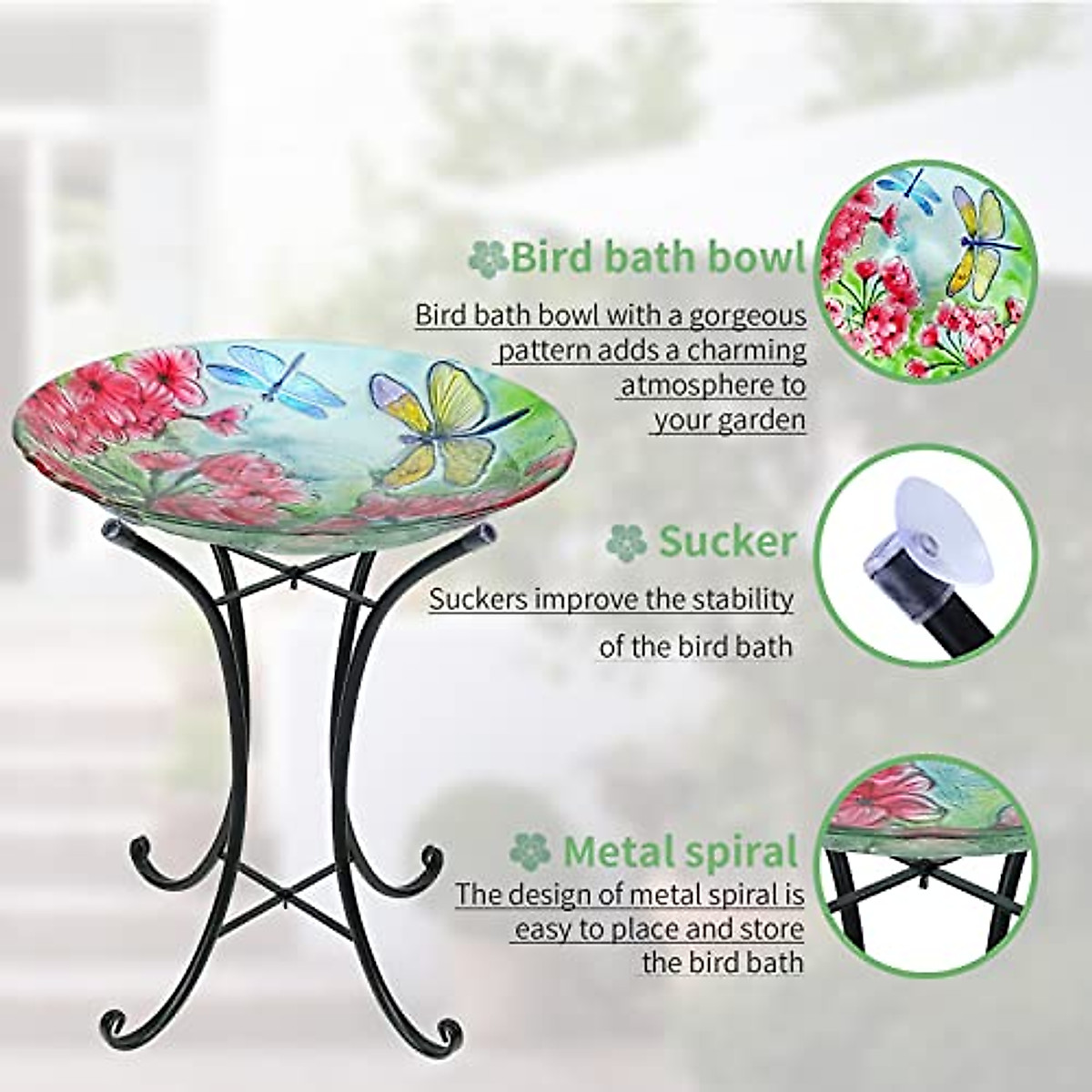 Glass Bird Baths for Outdoors, Outside Birdbaths Garden Bird Feeder with Metal Stand for Garden Patio Lawn Yard Decor 17.7" Dia 20.8” Height Dragonfly