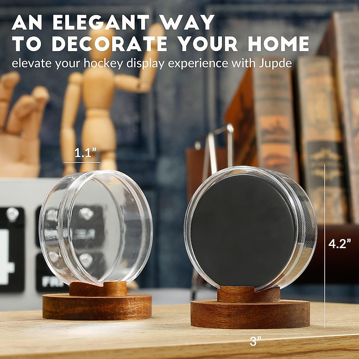 JupDec Hockey Puck Display Case Acrylic Clear Holder with Wood Base, Autograph Souvenir Display Stand, Perfect Showcase for Your Collection, Brown, 1 Pack