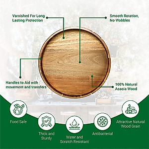 14" Wooden Tray, Natural Acacia Wood, Lazy Susan Rotating Mechanism Base Serving Tray Round, Carved Handles & Rimmed Edge Rustic Centerpiece Display