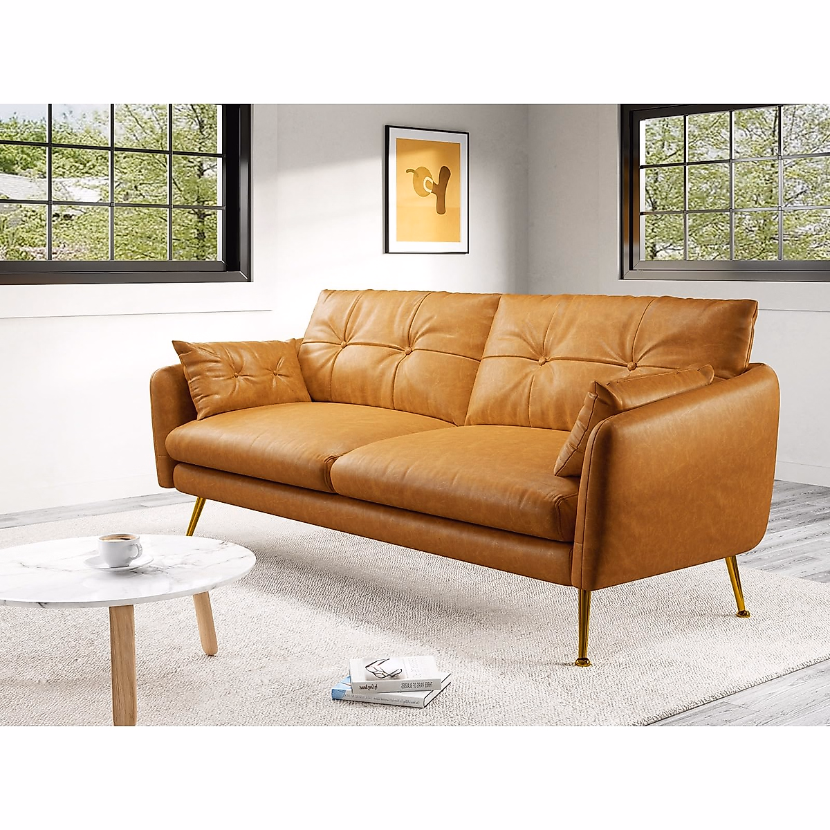 82" Faux Leather Couch, Mid Century Upholstered 3 Seater Sofa Comfy Couch for Living Room Bedroom, Luxury Tan Brown Leather Couch with Solid Wood Frame and Metal Legs | Filled with Down and Cotton