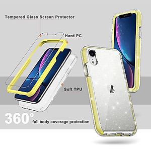 COOLQO Compatible for iPhone XR Case, with [2 x Tempered Glass Screen Protector] Clear Glitter Sparkle 360 Full Body Coverage Hard PC+Soft Silicone 3in1 Shockproof Protective Phone Cover Yellow