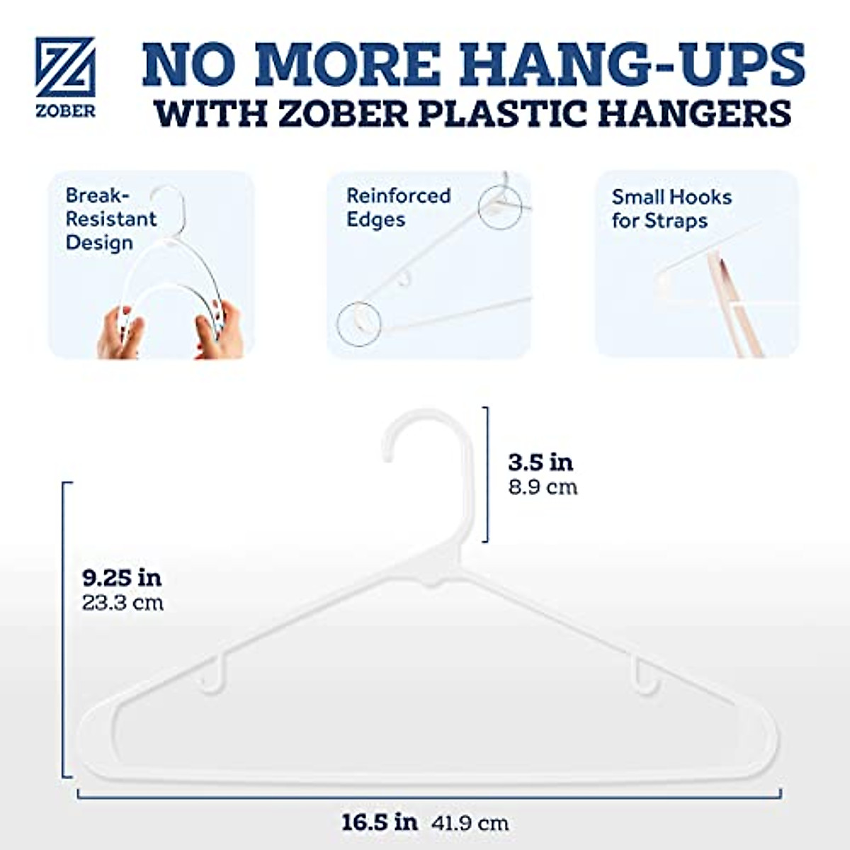 Zober Plastic Hangers 50 Pack - Standard Set of Clothes Hangers for Coats, Jackets & Pants - Slim Coat Hanger Set for Everyday Use - Clothing Hangers w/Hooks - Heavy Duty Hangers, White