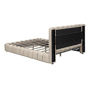 GLORHOME Queen Size Upholstered Platform Bed with LED Headboard and USB Charging Ports, Wooden Bed Frame，Beige