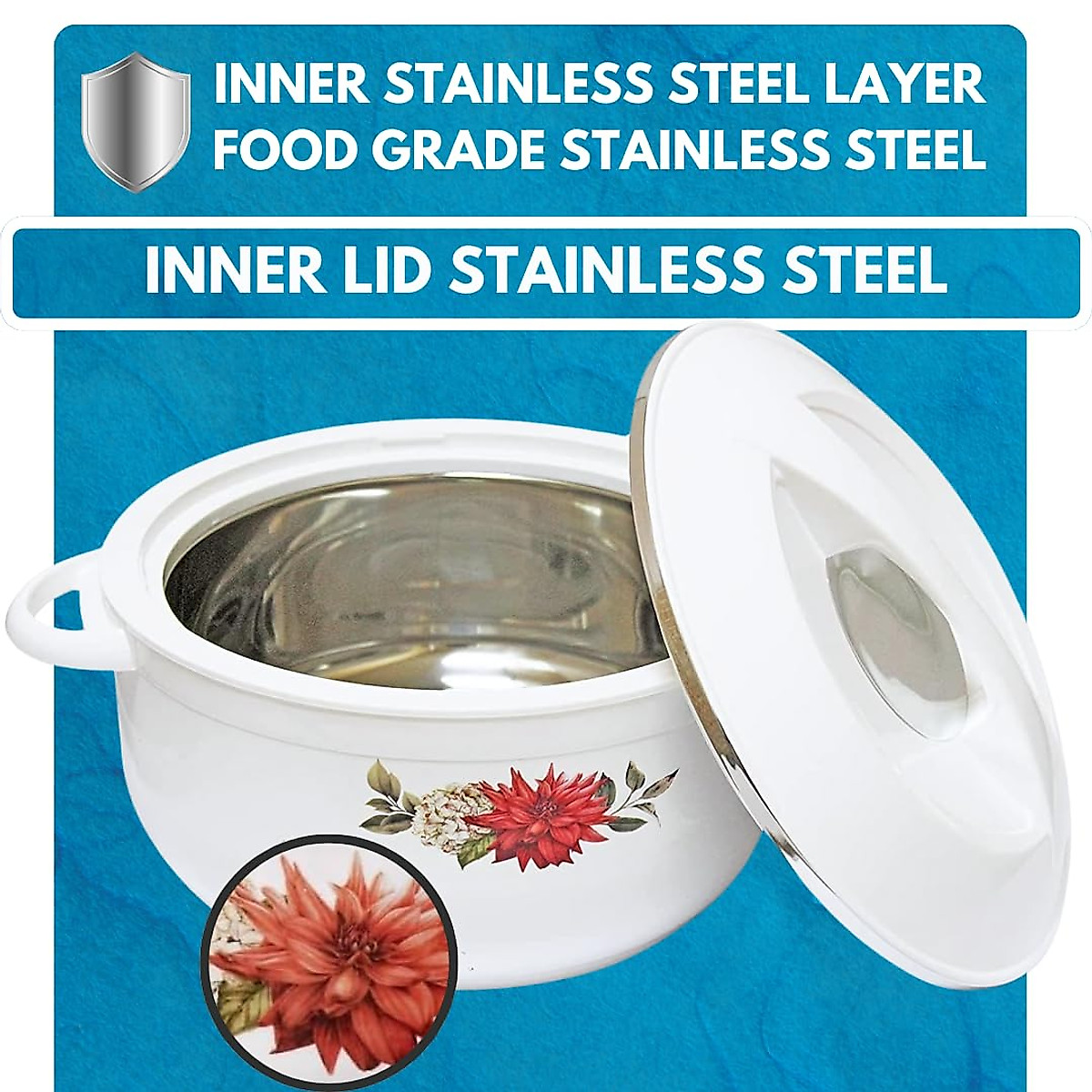 Nova Casserole, Stainless Steel insulated Hot Pot, Elegant Food Warmer Cooler, Thermal Serving Bowl, Keeps Food Warm, Hot & Cold for Long Hours for Hours Set of 3 Pcs (1.0L 1.6L 2.5L) (White)