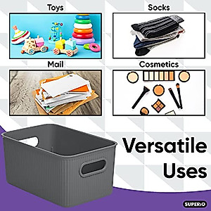 Superio Decorative Plastic Open Home Storage Bins Organizer Baskets, Medium Grey (2 Pack) Container Boxes for Organizing Closet Shelves Drawer Shelf - Ribbed Collection 5 Liter