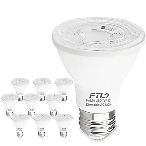 FTL PAR20 LED Bulbs 5000K Daylight White, 7W 600LM 50W 60W Equivalent, Dimmable Spot Light Bulb, E26 Base, Indoor Outdoor Flood Light, 10-Pack