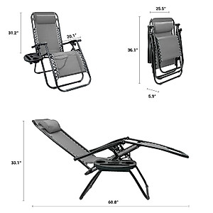 Kemon Zero Gravity Folding Lounge Outdoor Patio Adjustable Reclining Chair with Pillows and Cup Holders for Beach Set of 2, Double Grey