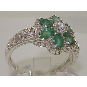 LetsBuyGold 925 Sterling Silver Real Genuine Emerald & Diamond Womens Cluster Ring - Size 11 (0.09 cttw, H-I Color, I2-I3 Clarity)