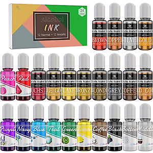 24 Alcohol Ink Set - 12 Metal Color with 12 Vibrant Color Alcohol-Based Ink for Epoxy Resin Art, Painting, Resin Petri Dish Making - Alcohol Paint Color Dye for Yupo, DIY Tumbler - 10ml/.35oz Each