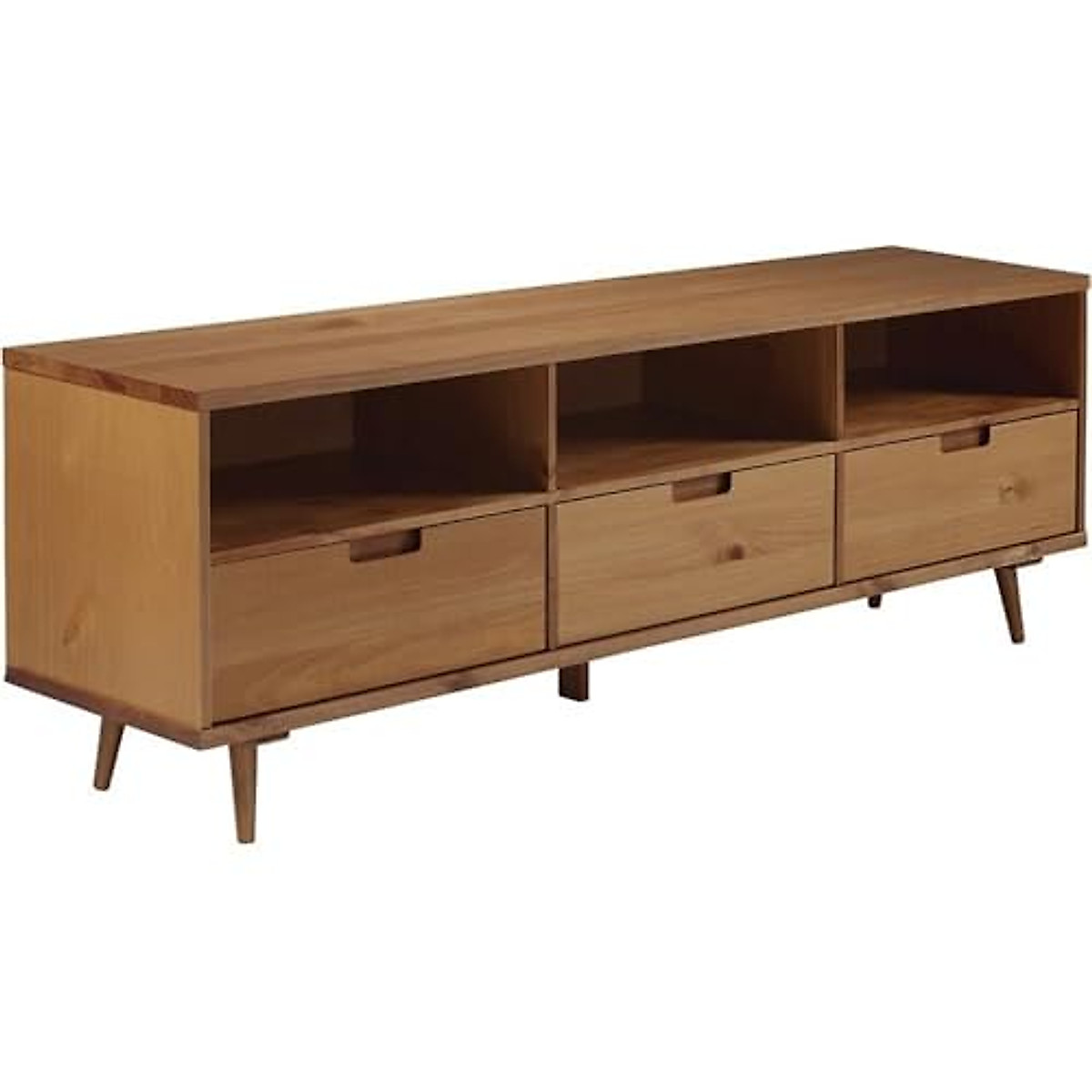 Walker Edison Millie Mid Century Modern 3 Drawer Solid Wood Low Stand for TVs up to 80 Inches, 70 Inch, Caramel