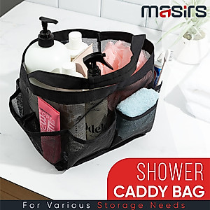 Masirs Mesh Shower Caddy Bag - (9 Pocket) Large Collapsible, Portable Bathroom Organizer for Travel, Gym, & Dorm - Easily Carry & Organize Bathroom Toiletry Essential (Black)