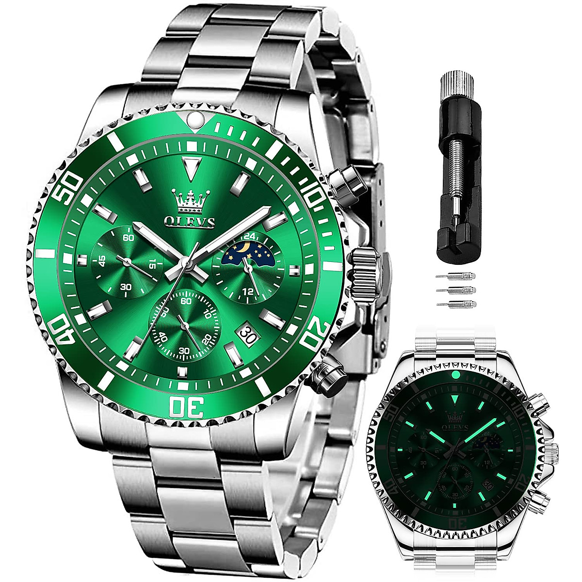 OLEVS Mens Watches Green Chronograph Luxury Dress Moon Phase Quartz Stainless Steel Waterproof Luminous Business Calendar Wrist Watch