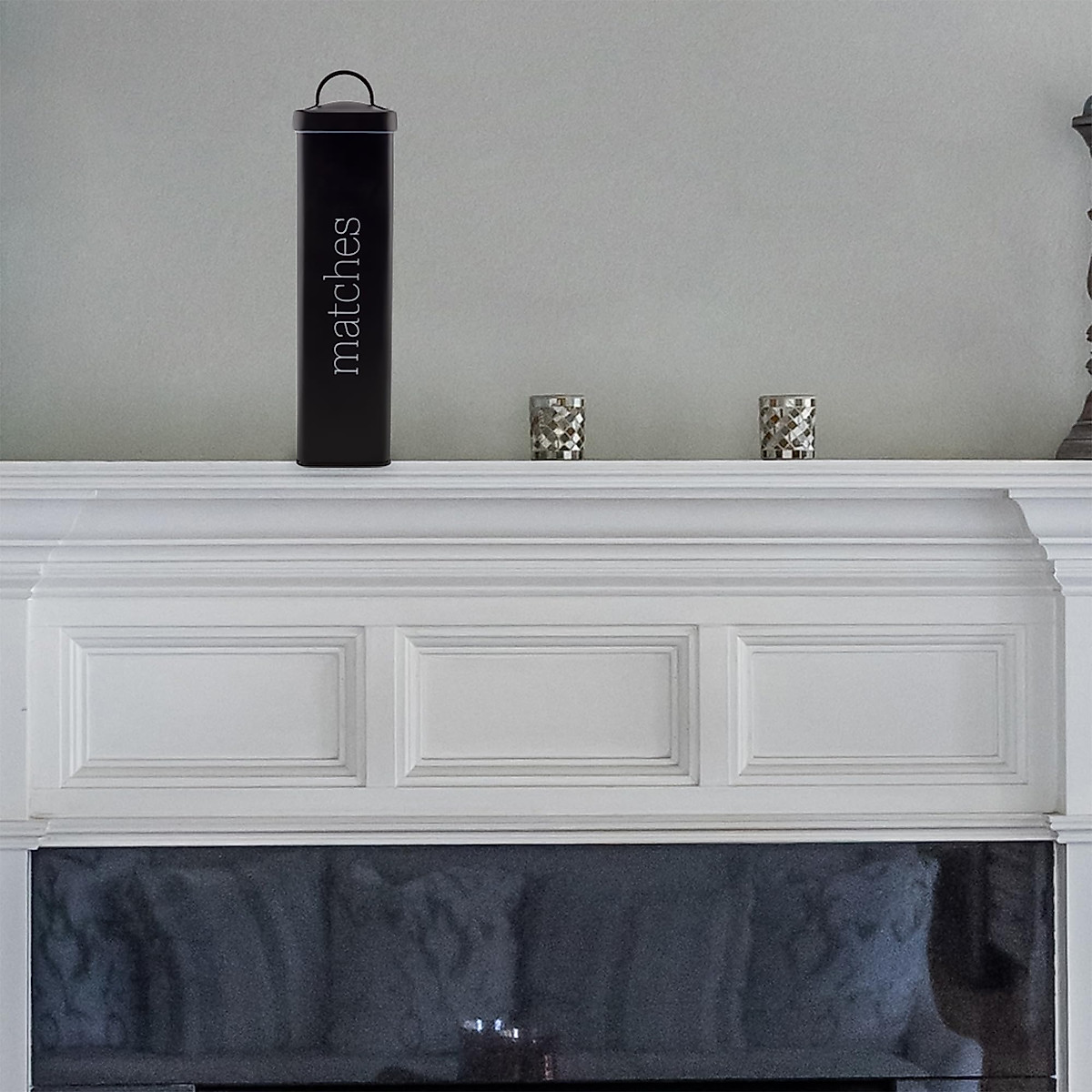 AuldHome Design Enamelware Fireplace Matches Holder (Black), Farmhouse Storage Container for Long Safety Matches