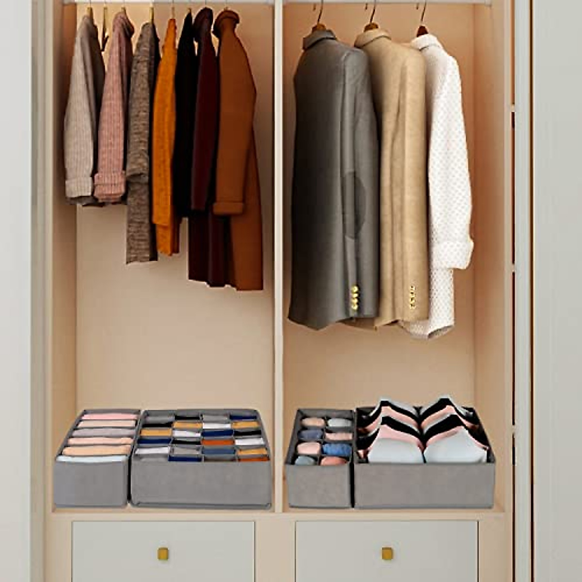 NAC HOOH Drawer Underwear Organizer Divider Fabric Foldable Dresser Storage Basket Organizers and Storage Bins for Storing Bra Ties Lingerie Undies Sock Panty Belts Clothes Scarves Grey (NC05-12-G)