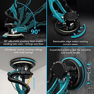 Drywall Sander, 1250W 11.5-Amp Electric Drywall Sander with Vacuum, Popcorn Ceiling Removal Tool with Variable Speed 800-1800RPM, Foldable & Extendable Handle, LED Light, 18pcs Sanding Discs