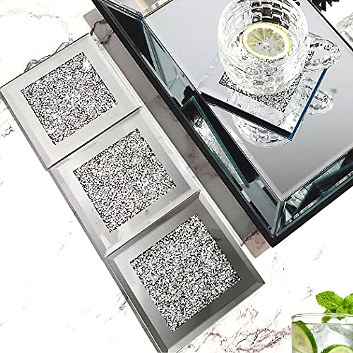 GIMORRTO Glass Mirrored Coaster 4 PC, Crushed Diamond Square Cup Mat 4" Decor on Tabletop for Bar Tools Dining Table