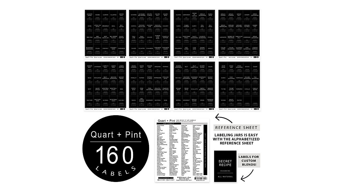Quart + Pint 160 Waterproof Spice Labels for Kitchen Organization