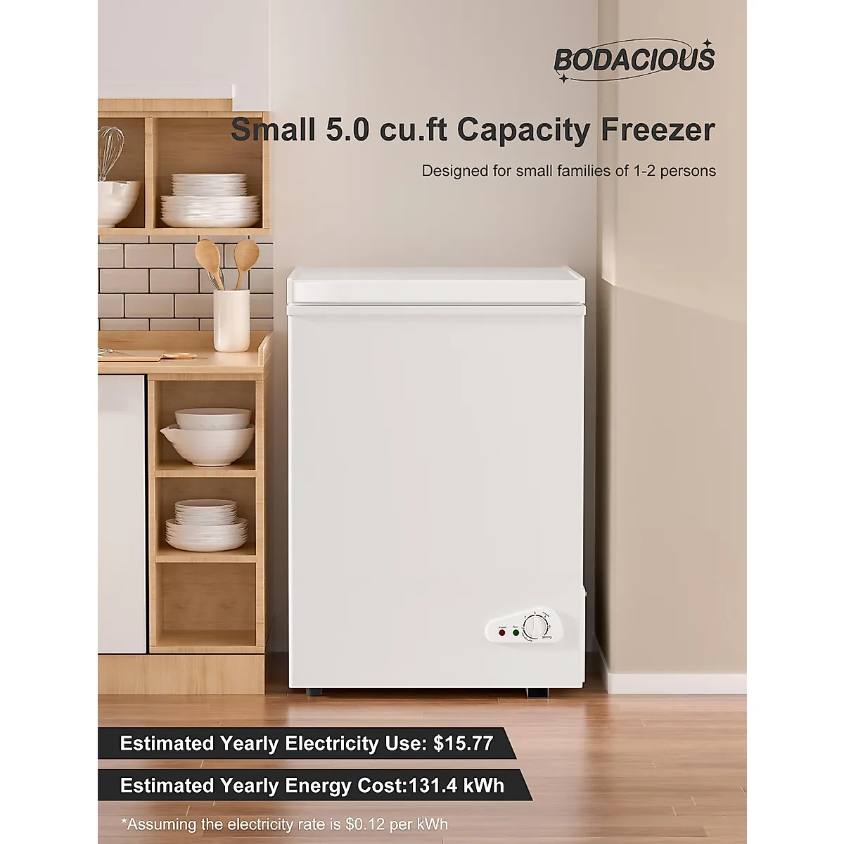Bodacious Ultra Quiet Deep Freezer - 5.0 Cu Ft Compact Chest Freezer with Fast Freeze Performance, Low Power Consumption, Ideal for Home, Restaurant, and Small Shops