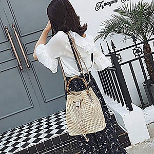 Women's Bucket Drawstring Handbag Straw Shoulder Bag Bamboo Tote Crossbody Bag Beach Bag