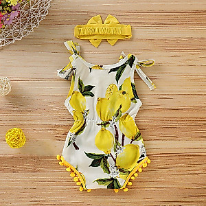 BOEBNOZCV Newborn Baby Girl Shoulder Girdle Pompom Tassel Romper Bodysuit Outfits Sleeveless Summer Lemon Sunsuit Clothes (Lemon, 0-6 Months)