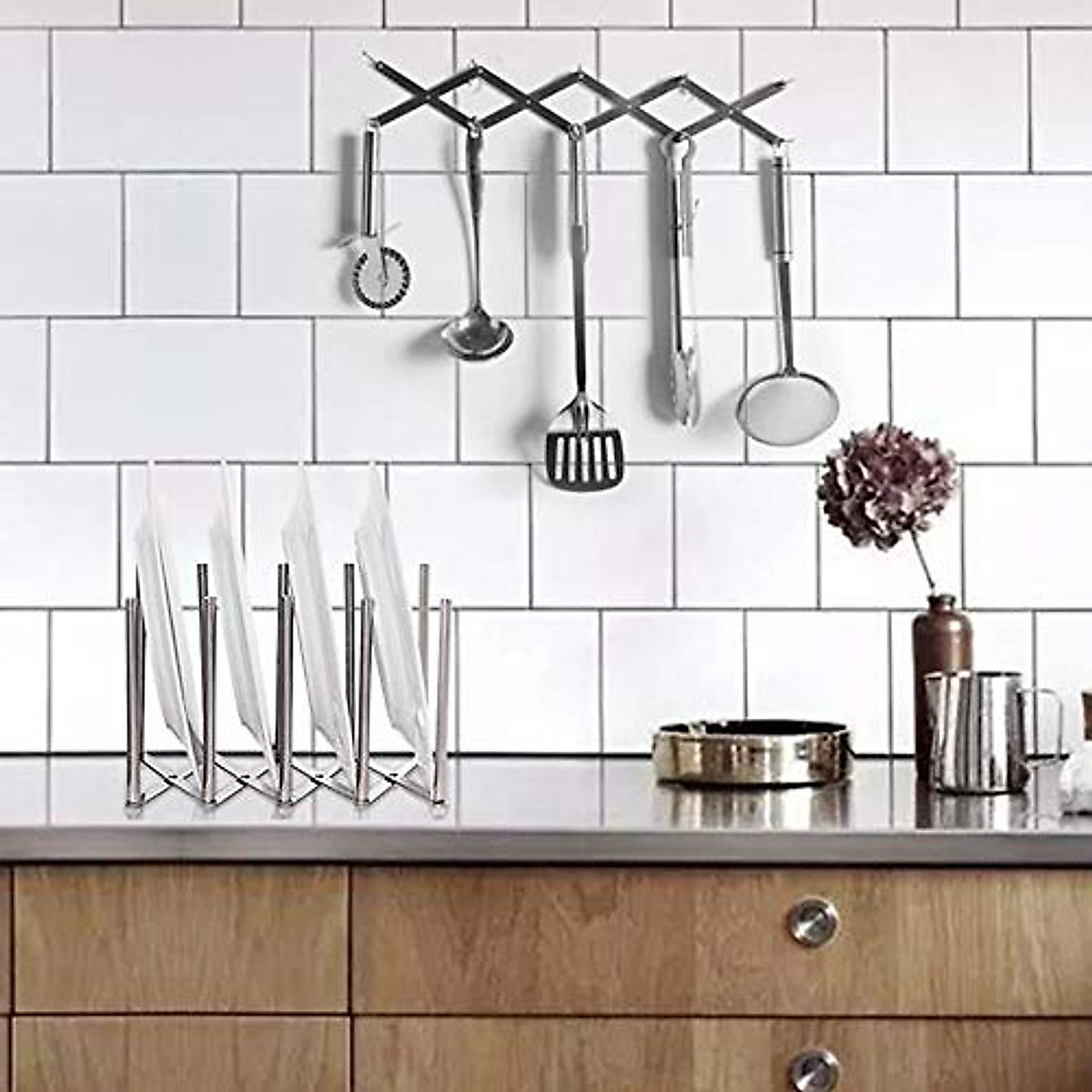 Kitchen Dish Plate Pot Lid Organizer Holder Adjustable Length Stainless Steel Chopping Board Organizer Stand Holder for Pan Lids, Plates, Dishes, Cutting Boards