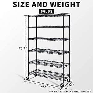 HCY 6-Tier Storage Shelf Heavy Duty Storage Shelving Unit NSF Height Adjustable Metal Storage Rack with Wheels for Laundry Bathroom Kitchen Garage Pantry Organization-18inx48inx76in (Black)
