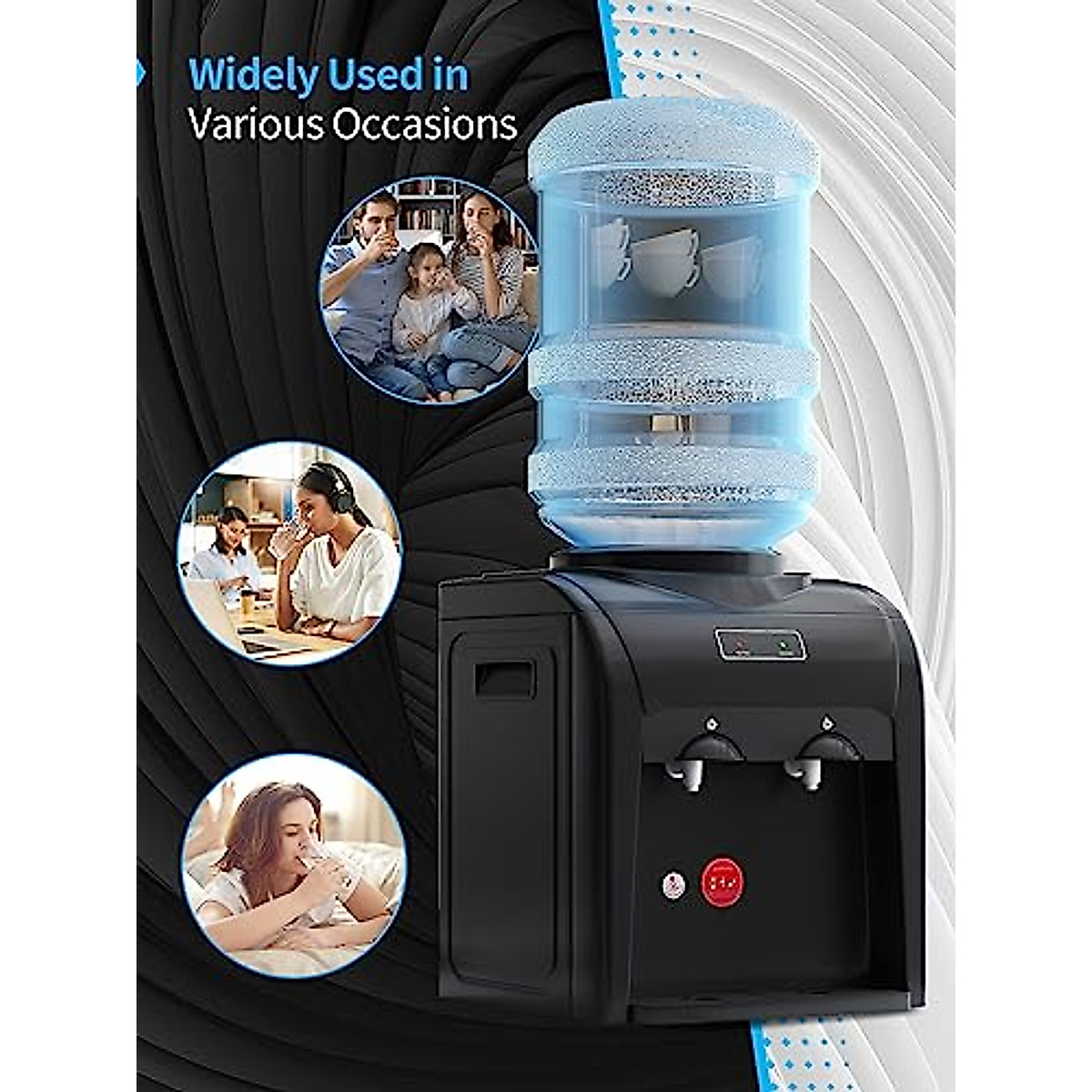 TABU Countertop Water Cooler Dispenser, Top Loading Water Cooler, Hot & Cold Water Dispenser, Holds 3 or 5 Gallon Bottle, with Anti-Scalding Design and Child Safety Lock for Home, Office Use (Black)