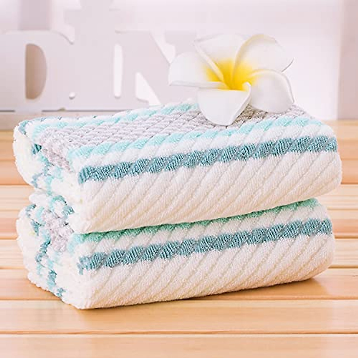 Pidada Hand Towels Set of 2 Striped Pattern 100% Cotton Soft Absorbent Decorative Towel for Bathroom 13.4 x 29.5 Inch (Green)