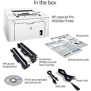 HP Laserjet Pro M203dw Single-Function Wireless Monochrome Laser Printer for Home Office, White - Print Only - 30 ppm, 1200 x 1200 dpi, 8.5 x 14, Auto Duplex Printing, Ethernet, Cbmou Printer Cable