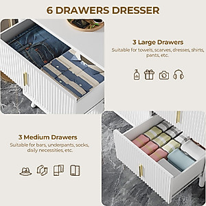 BEWISHOME White Dresser for Bedroom, 6 Drawer Dresser Chests of Drawers with Waveform Fluted Panel, White and Gold Dresser, Modern Wide Dresser Wood dresser for Closet, TV Stand, Hallway, White KCG03W