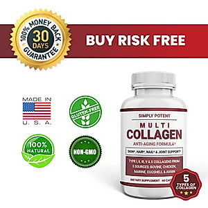 Multi Collagen Peptides Powder Pills, High Bioavailable Hydrolyzed Collagen Protein Supplement with 5 Collagen Types I, II, III, V, and X for Skin, Hair, Nail & Joint Support, 60 Capsules