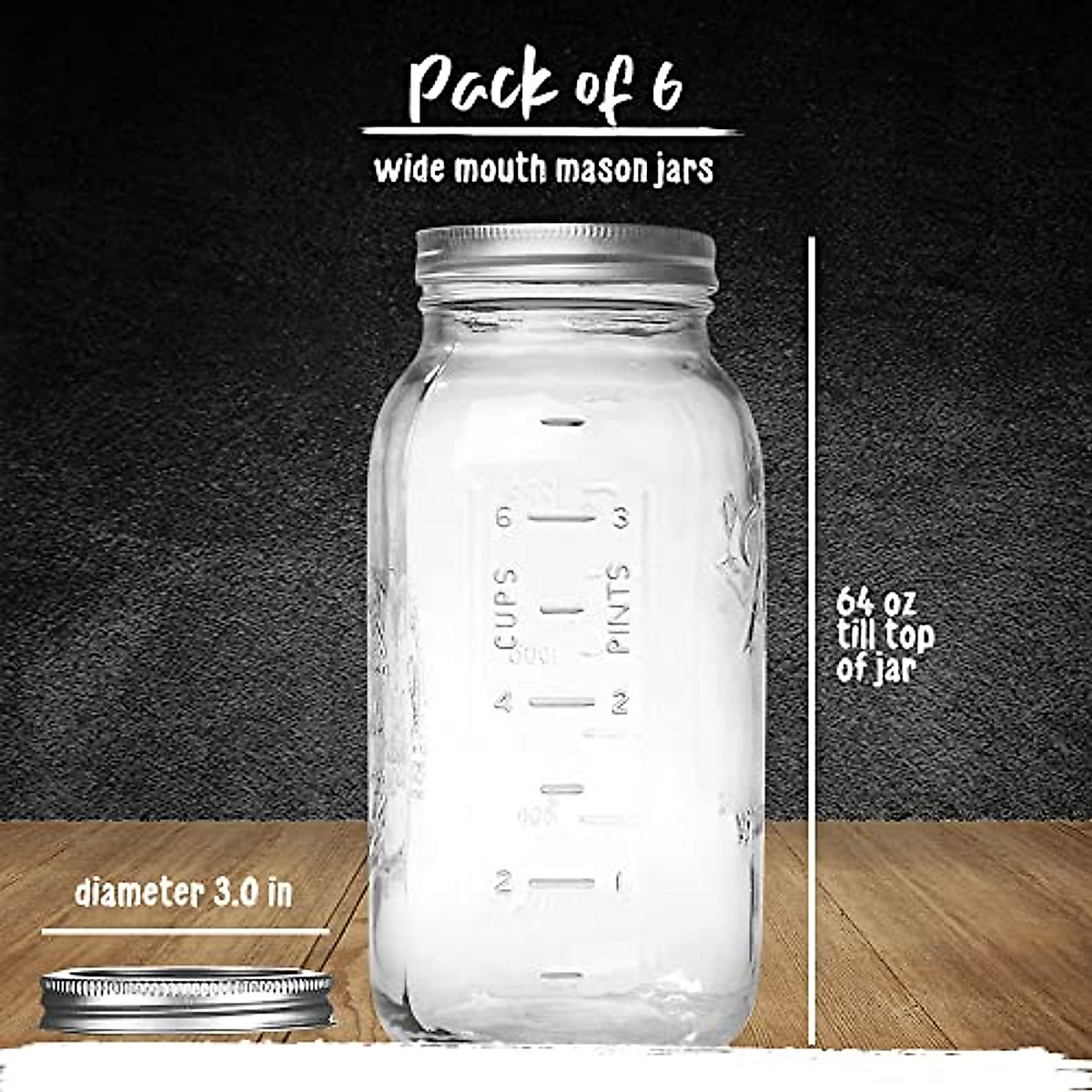 Wide Mouth Mason Jars 64 oz - 1/2 Gallon Mason Jar - Ball Mason Jars 64oz With Lids - Large Mason Jar 64 Ounce - Wide Mouth Half Gallon Mason Jars - Ball Canning Jars Wide Mouth - 6 Pack Dean Products
