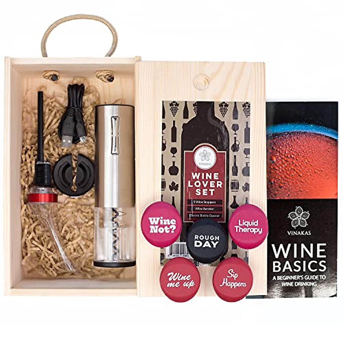 Wine Gifts Set – Luxurious Wine Accessories Set with Wooden Box- Wine Set includes Rechargeable Wine Opener, Aerator, Wine Stoppers & Pairing Guide- The Best Wine Basket Gift - Wine Gifts for Women