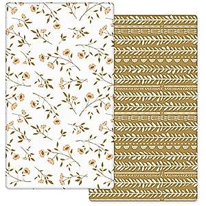 Pack N Play Sheets, 2 Pack Portable Mini Crib Sheets, Soft Jersey Knit Playard Sheets, Play Mattress Covers for Baby Girl Boy, Retro Brown Flower