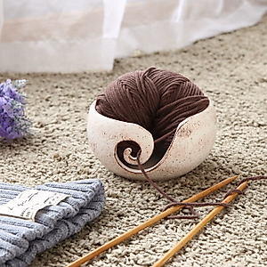 MyGift Cream Ceramic Tangle-Free Yarn Ball Bowl, Rustic Handcrafted Knitting Crochet Bowl with Cut Out Swirl