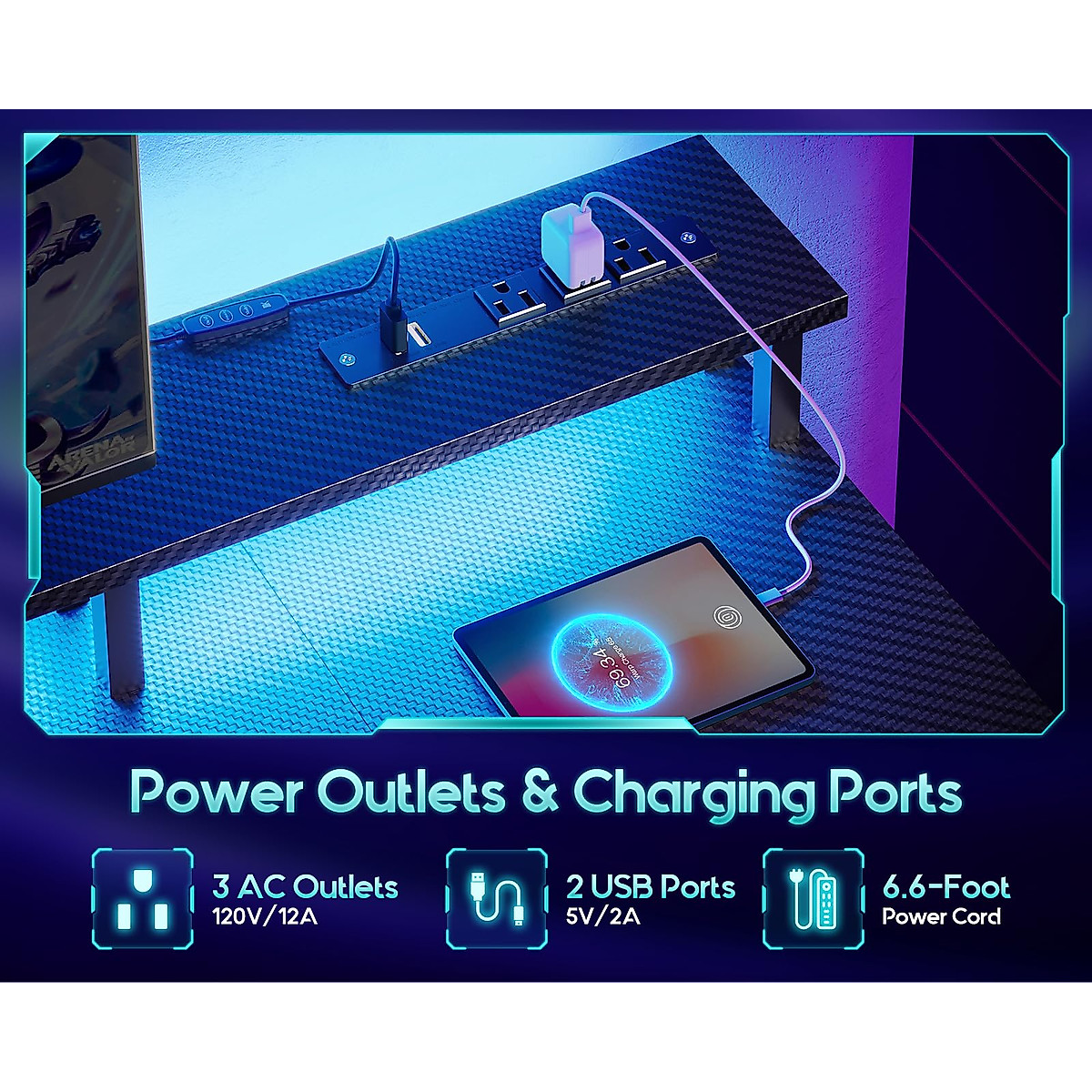 AODK 57 Inch L Shaped Gaming Computer Desk with USB Charging Ports & Power Outlets, Home Office Writing Corner Desk with Drawers and Monitor Stand, Study Table with LED Lighting, Carbon Black