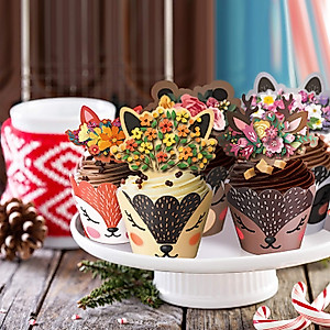 Blulu 60 Pieces Woodland Baby Shower Cupcake Wrappers and Toppers Woodland Deer Cupcake Liners Woodland Animal Wild One Birthday Party Decorations Woodland Creature Supplies