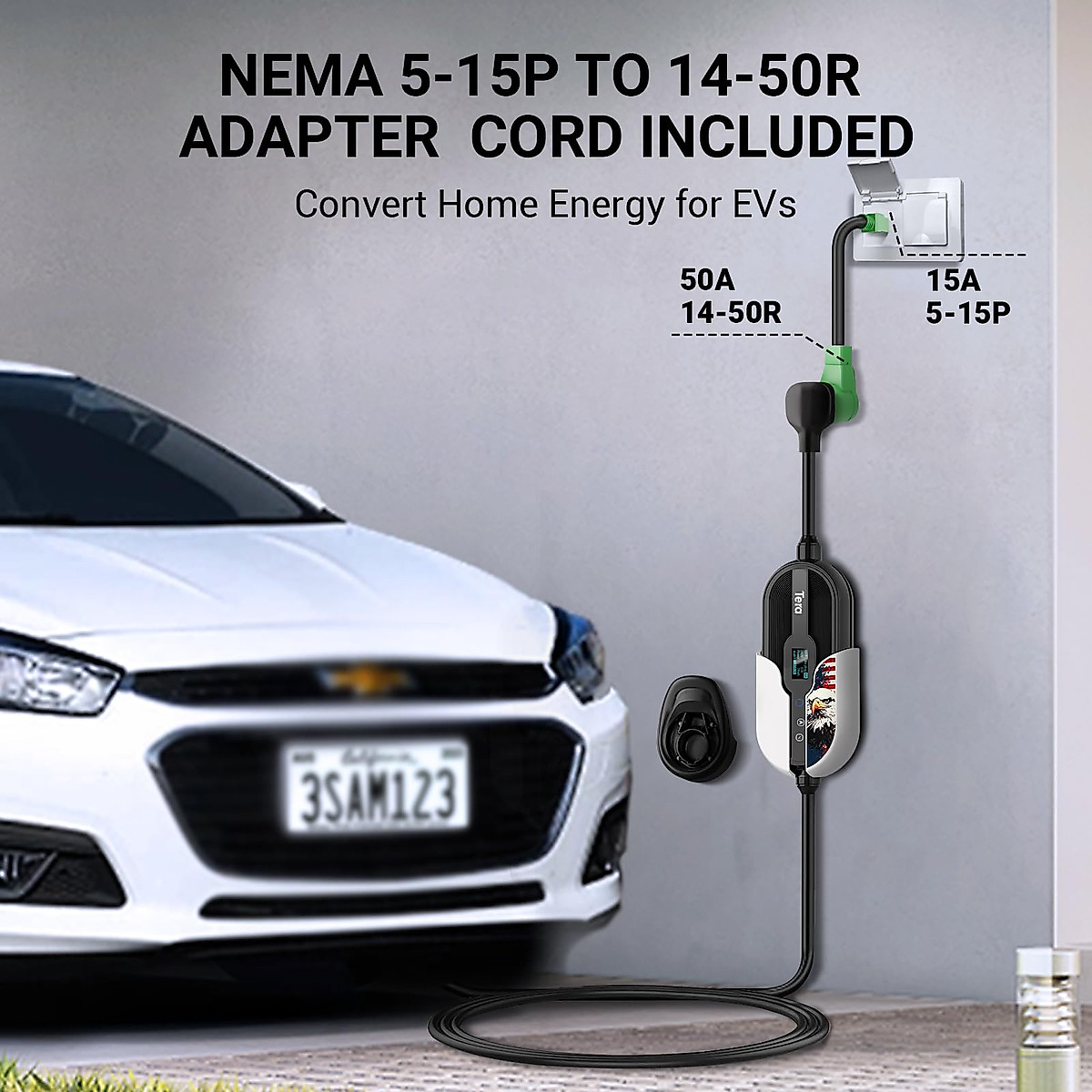 Tera Electric Vehicle Charger for J1772: Tesla EV Level 1 & 2 Portable 32A 8A 110V 240V Wall Connector Dual Use ETL NEMA 14-50 & 5-15 Wi-Fi Enabled 25FT Cable with Holder P01