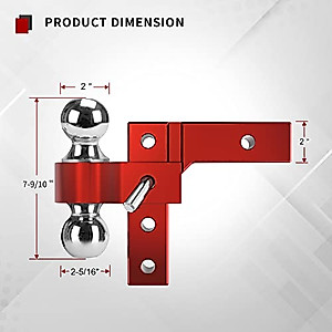 YITAMOTOR Adjustable Trailer Hitch, Fits 2-Inch Receiver, 6-Inch Drop Hitch, Aluminum Tow Hitch, Ball Mount, 2 and 2-5/16 inch Combo Stainless Steel Tow Balls with Double Pins, Red