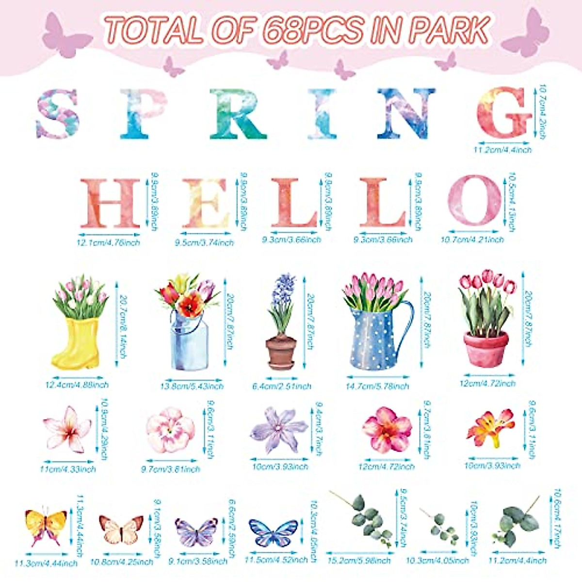68 Pcs Hello Spring Cut Outs with 100 Pcs Glue Points Spring Floral Cut Outs Spring Bulletin Board Set Flower Plants Spring Cutouts Bulletin Board Decorations for Classroom School Game (Cute Style)